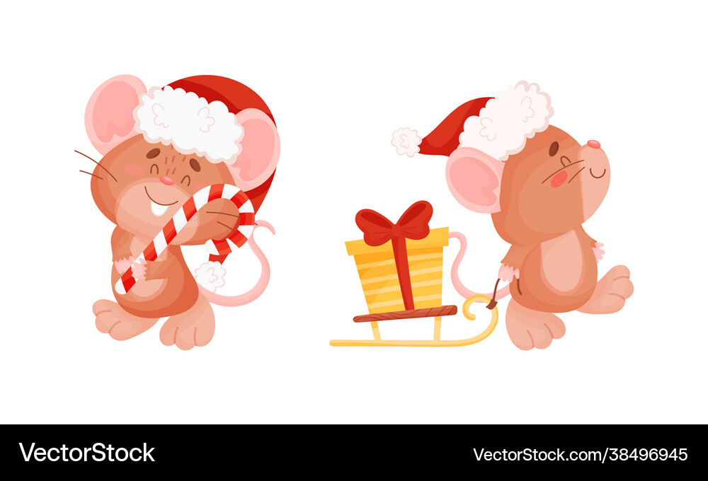 Cute mouse with protruding ears in red hat holding