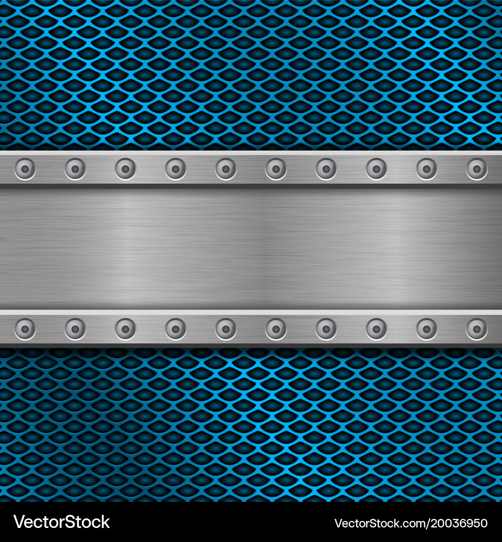 Metal rivetted plate on blue perforated background
