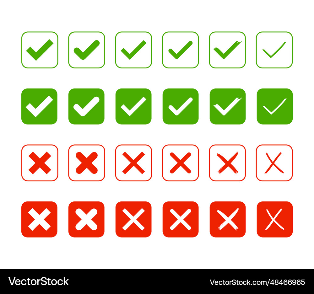 Green check mark and red cross icon set Royalty Free Vector