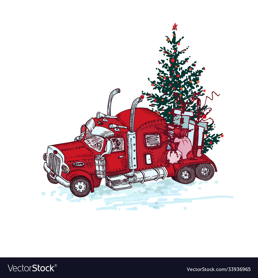 Hand drawn red truck with christmas tree and gifts