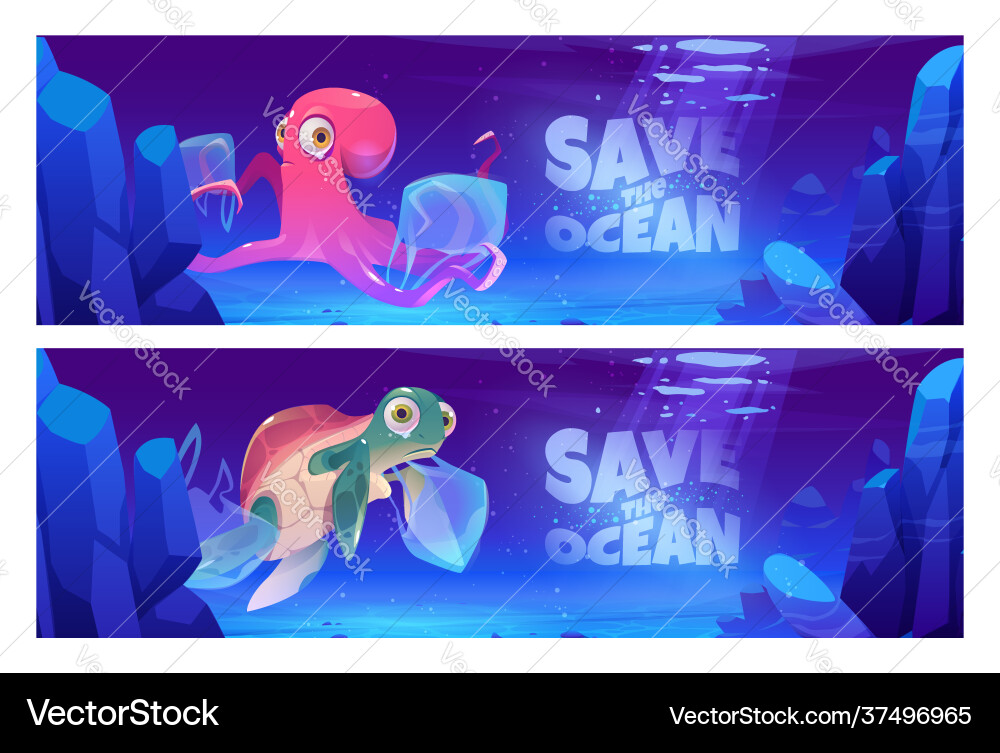 Save ocean cartoon banners with underwater animals
