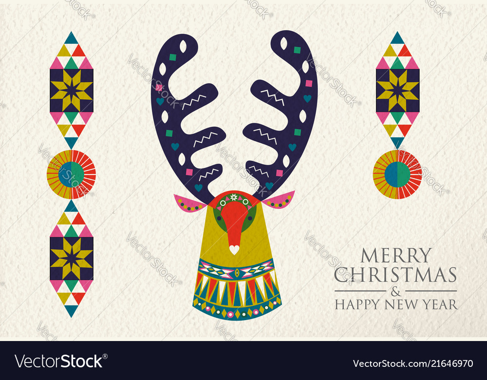 Christmas and new year folk art deer greeting card Christmas and new year folk art deer greeting card