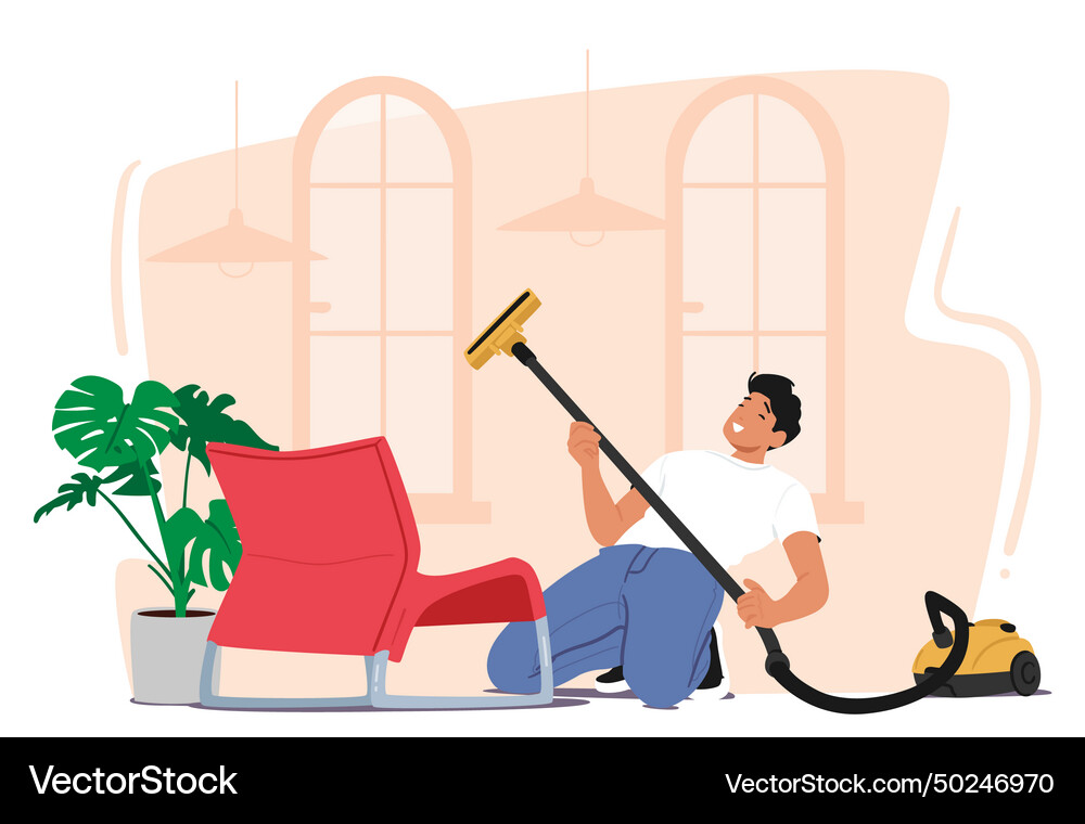 Man enthusiastically vacuums rhythmically swaying Vector Image
