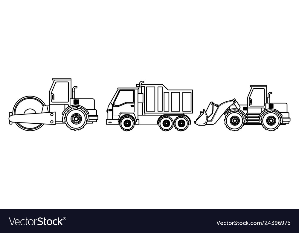 Construction vehicles machinery in black and white