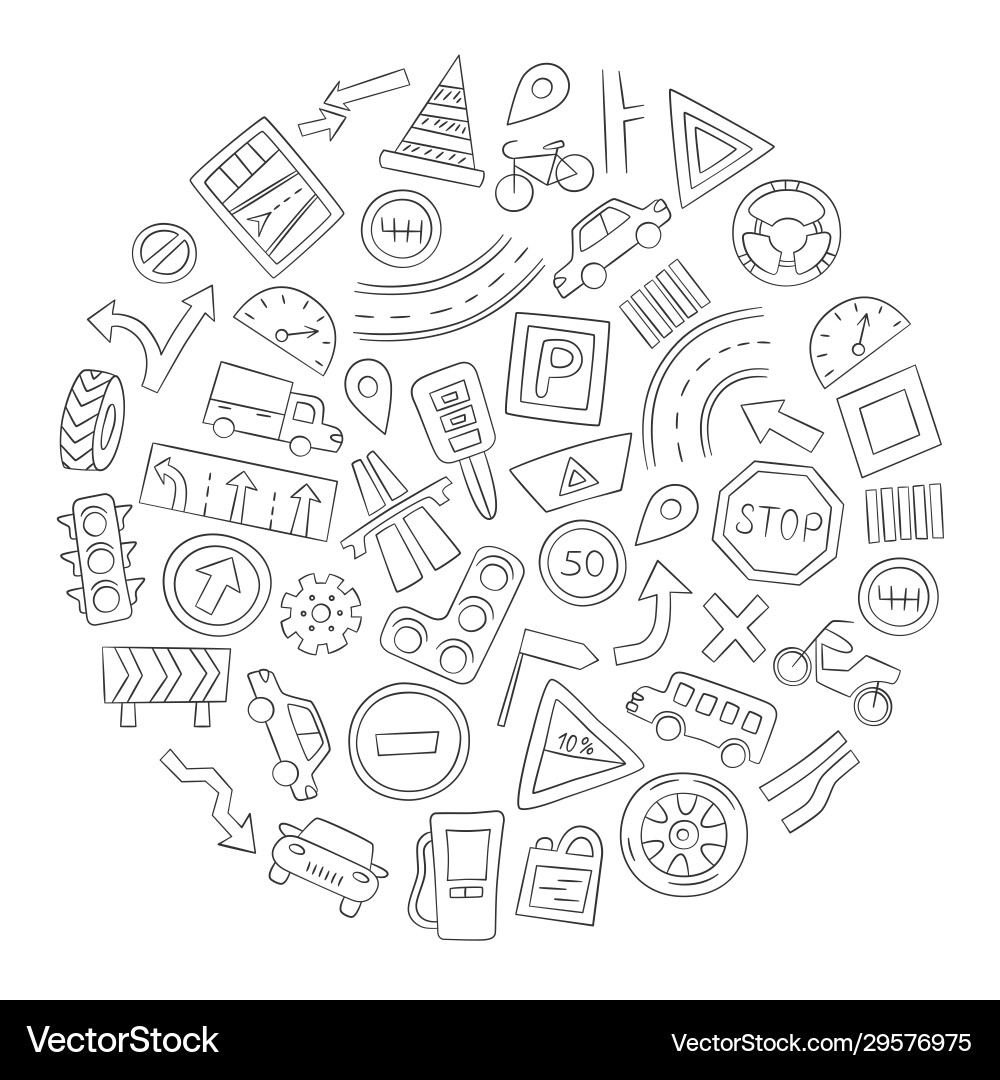 Set cars road objects traffic signs Royalty Free Vector