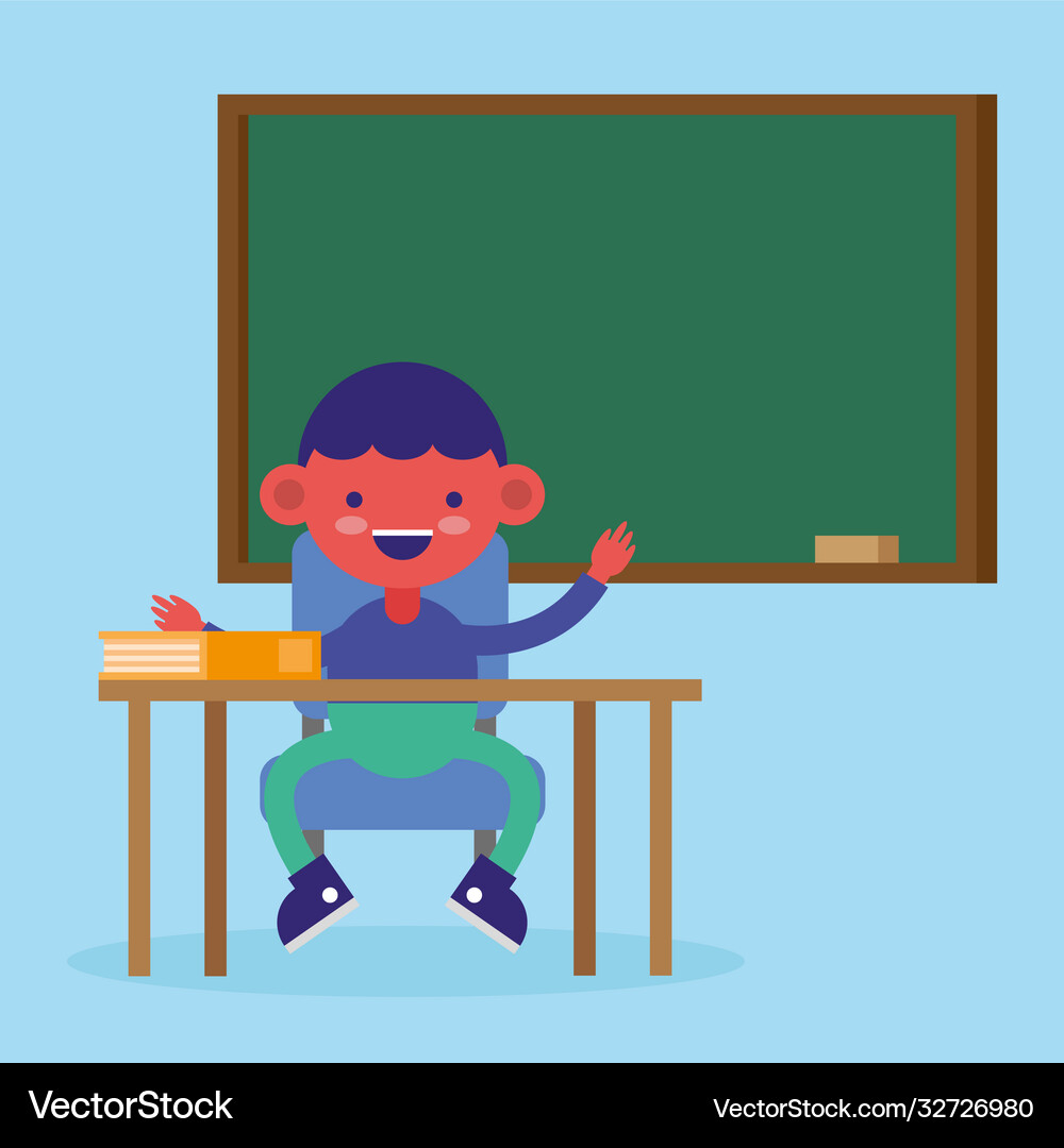 Little student boy in desk with book comic Vector Image