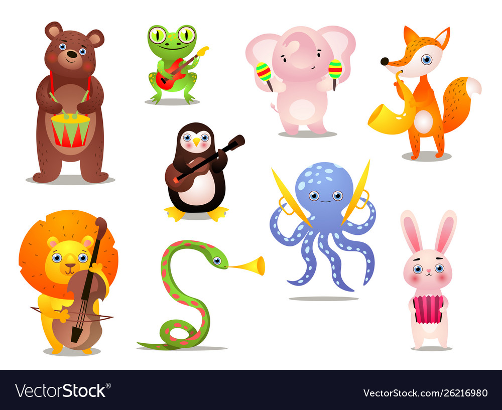 Set cute colorful musician animals Royalty Free Vector Image