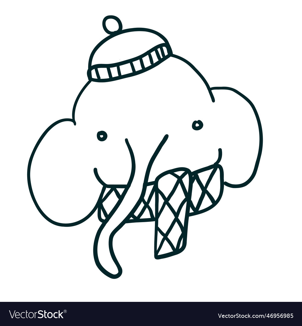 Elephant in winter warm hat in outline doodle Vector Image
