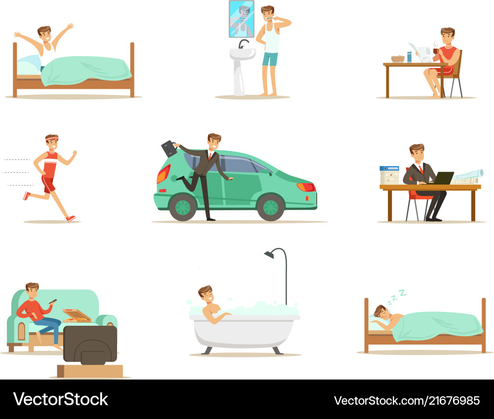 Modern man daily routine from morning to evening Vector Image