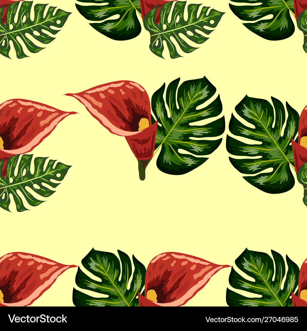 Seamless pattern with tropical leaves and callas Vector Image