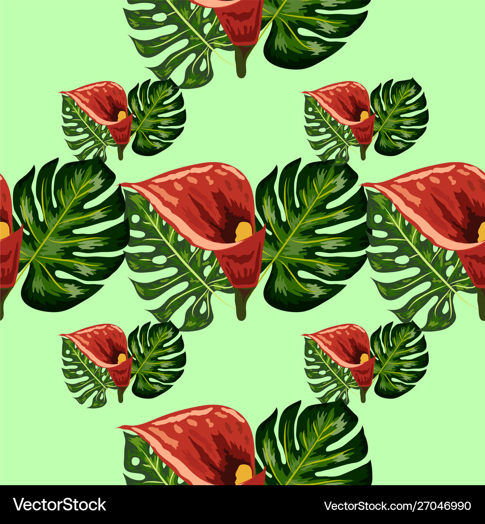 Seamless pattern with tropical leaves and callas Vector Image