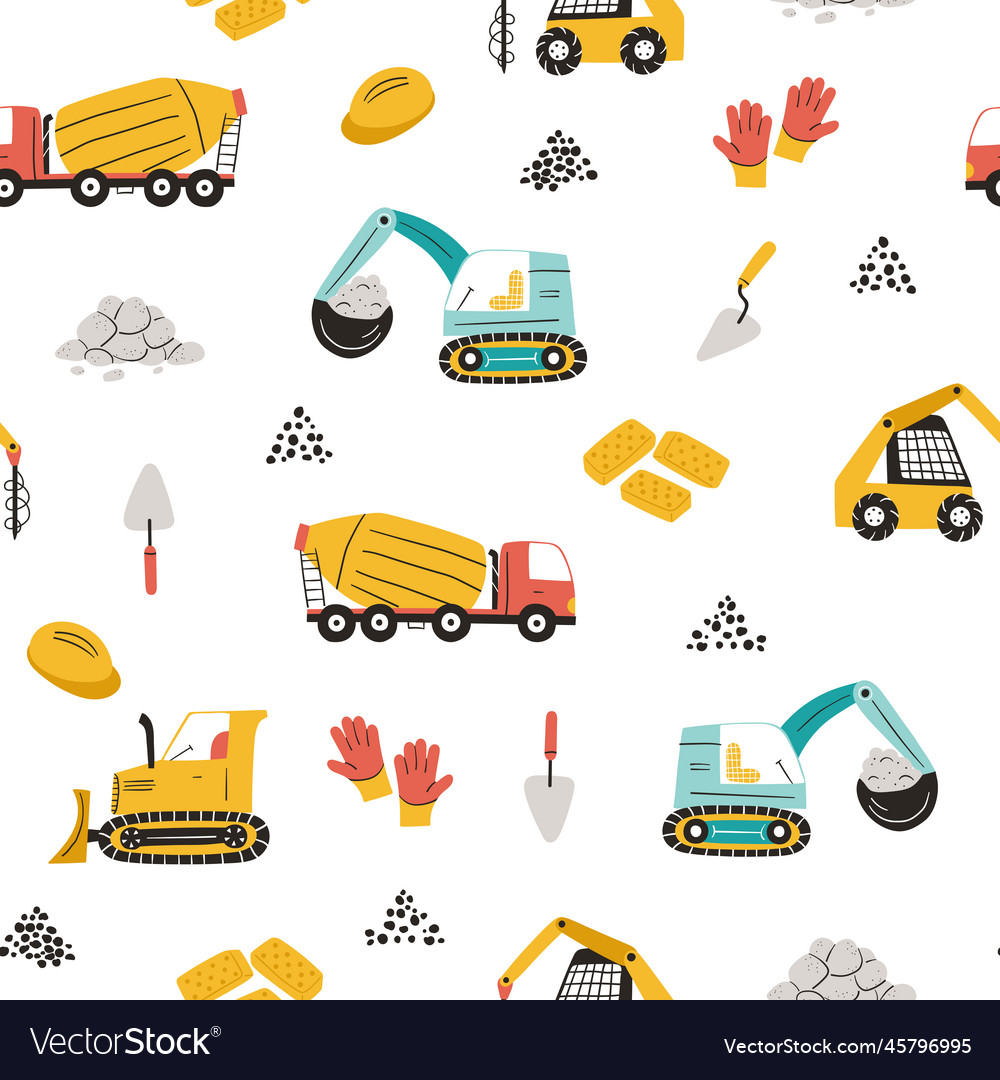 Hand drawn construction vehicles seamless pattern Vector Image