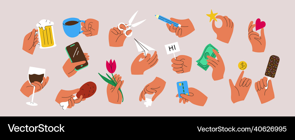 Set of colorful hands holding various stuff Vector Image