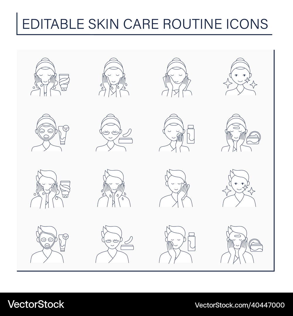 Skin care routine line icons set Royalty Free Vector Image