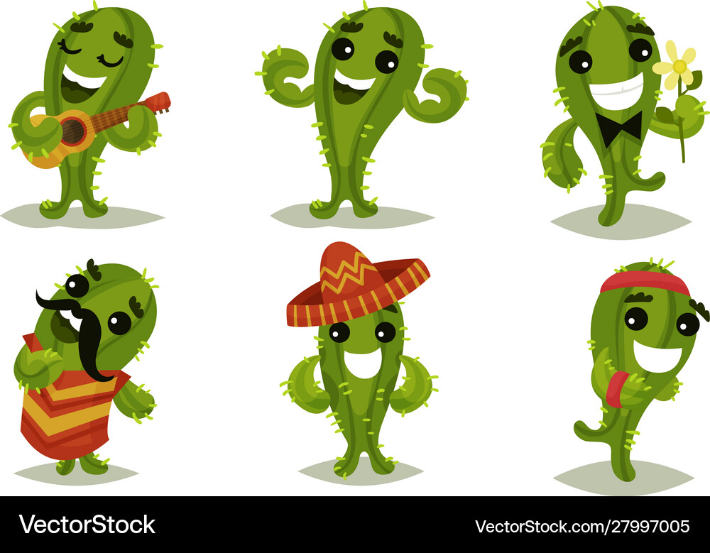 Cartoon funny cactus character set cacti Vector Image