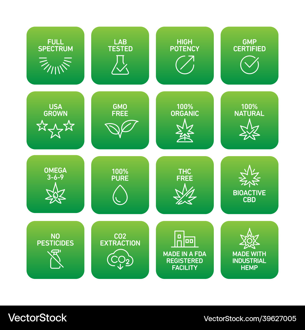 Cbd oil properties icons set collection Royalty Free Vector