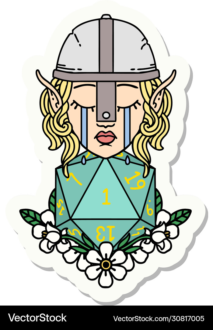 Sad elf fighter character with natural one d20 Vector Image