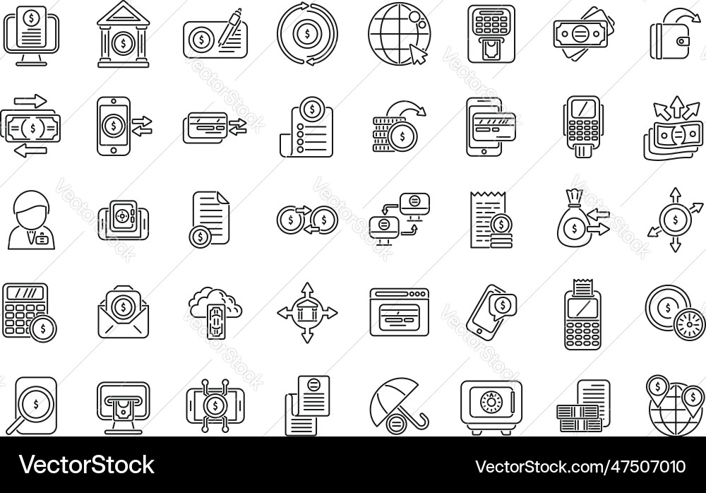 Banking transactions icons set outline Royalty Free Vector