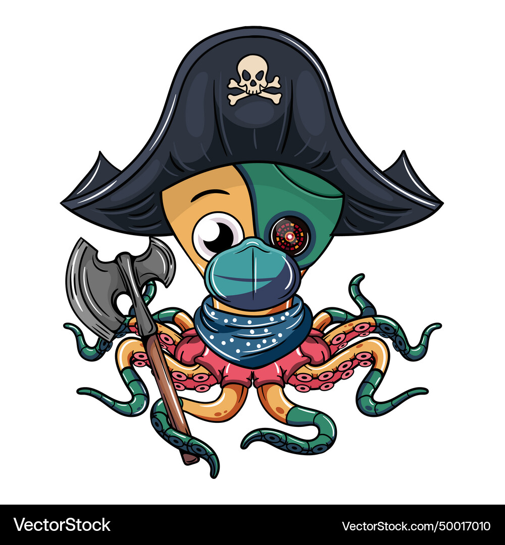 Cartoon cyborg octopus character with pirate hat Vector Image
