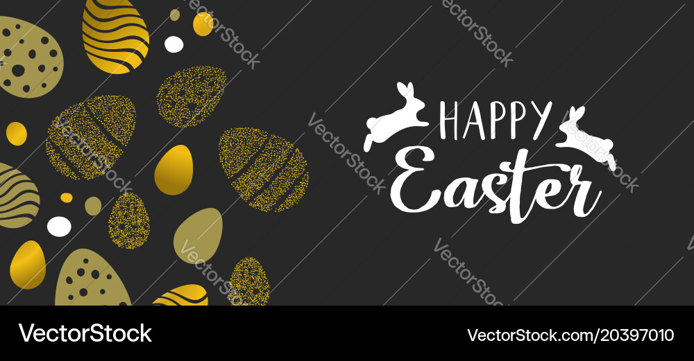Happy easter gold banner with eggs and rabbits Vector Image