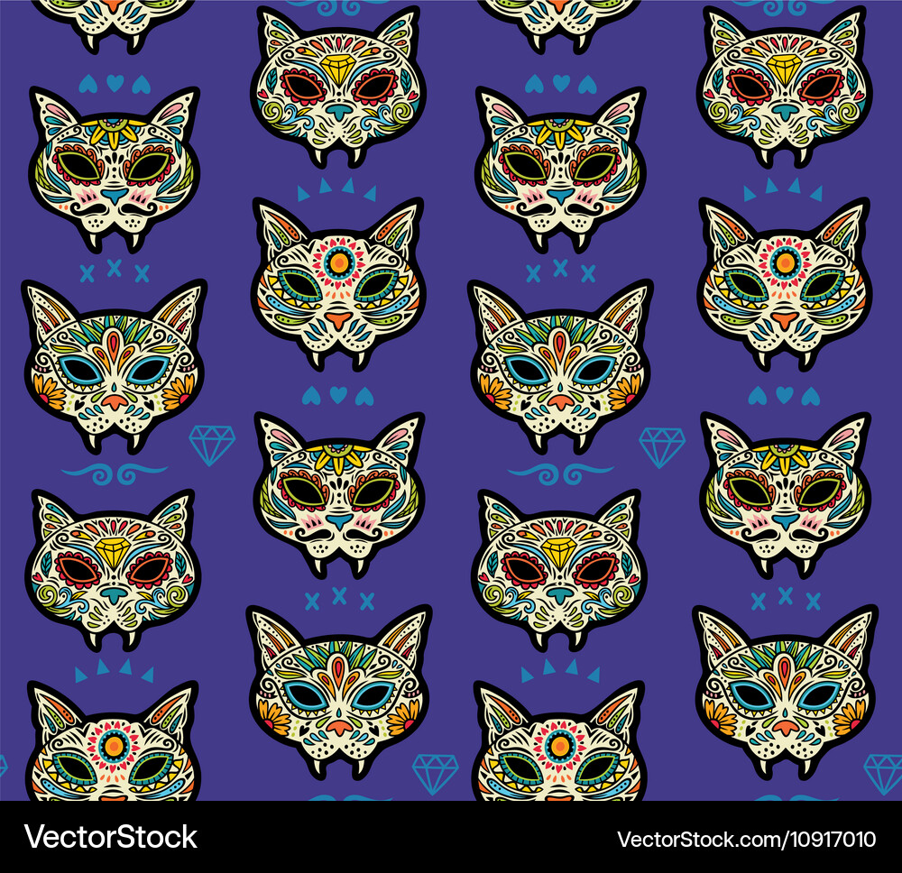 Sugar skull cats pattern mexican day dead Vector Image