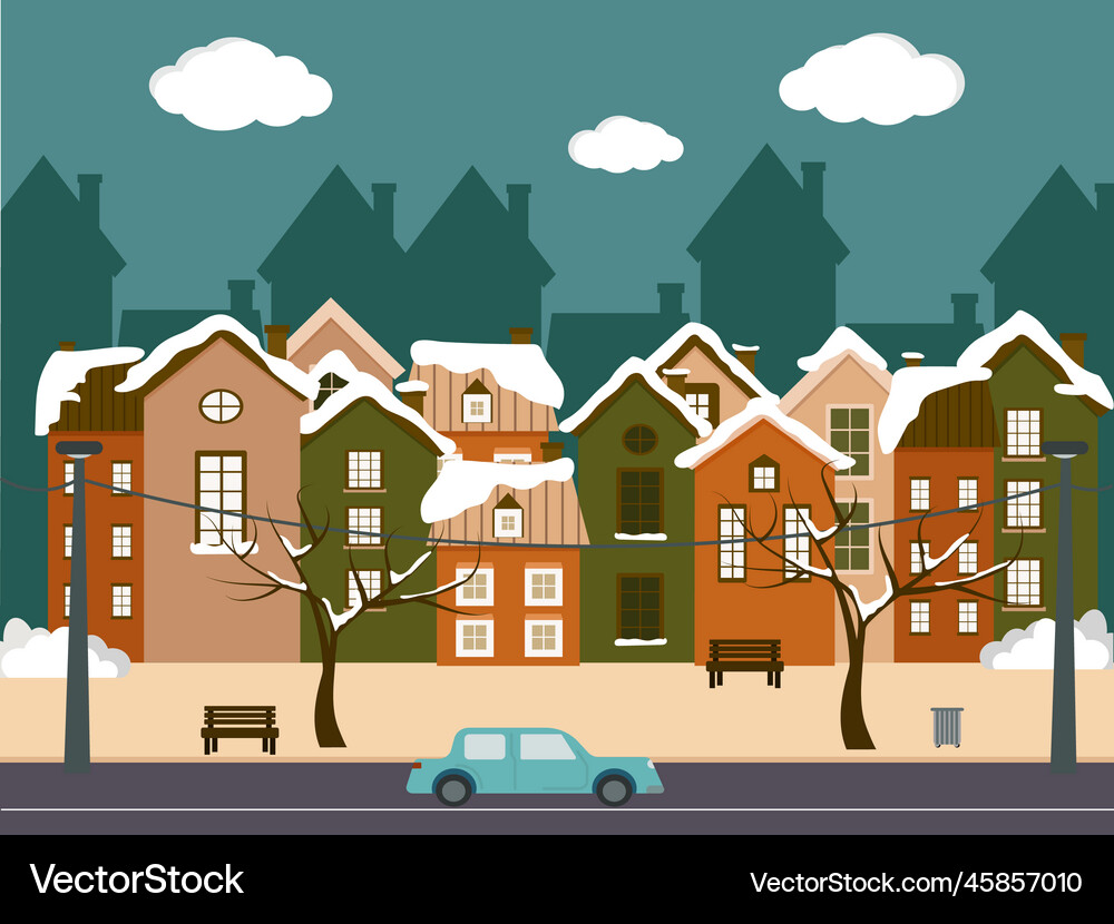 Winter cityscape with buildings trees Royalty Free Vector