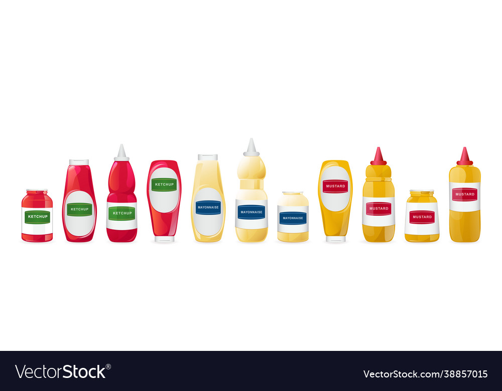 Ketchup mayonnaise mustard sauces set Royalty Free Vector