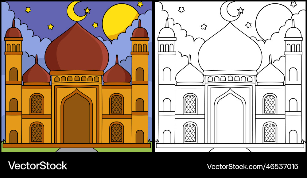 Ramadan mosque coloring page colored Royalty Free Vector