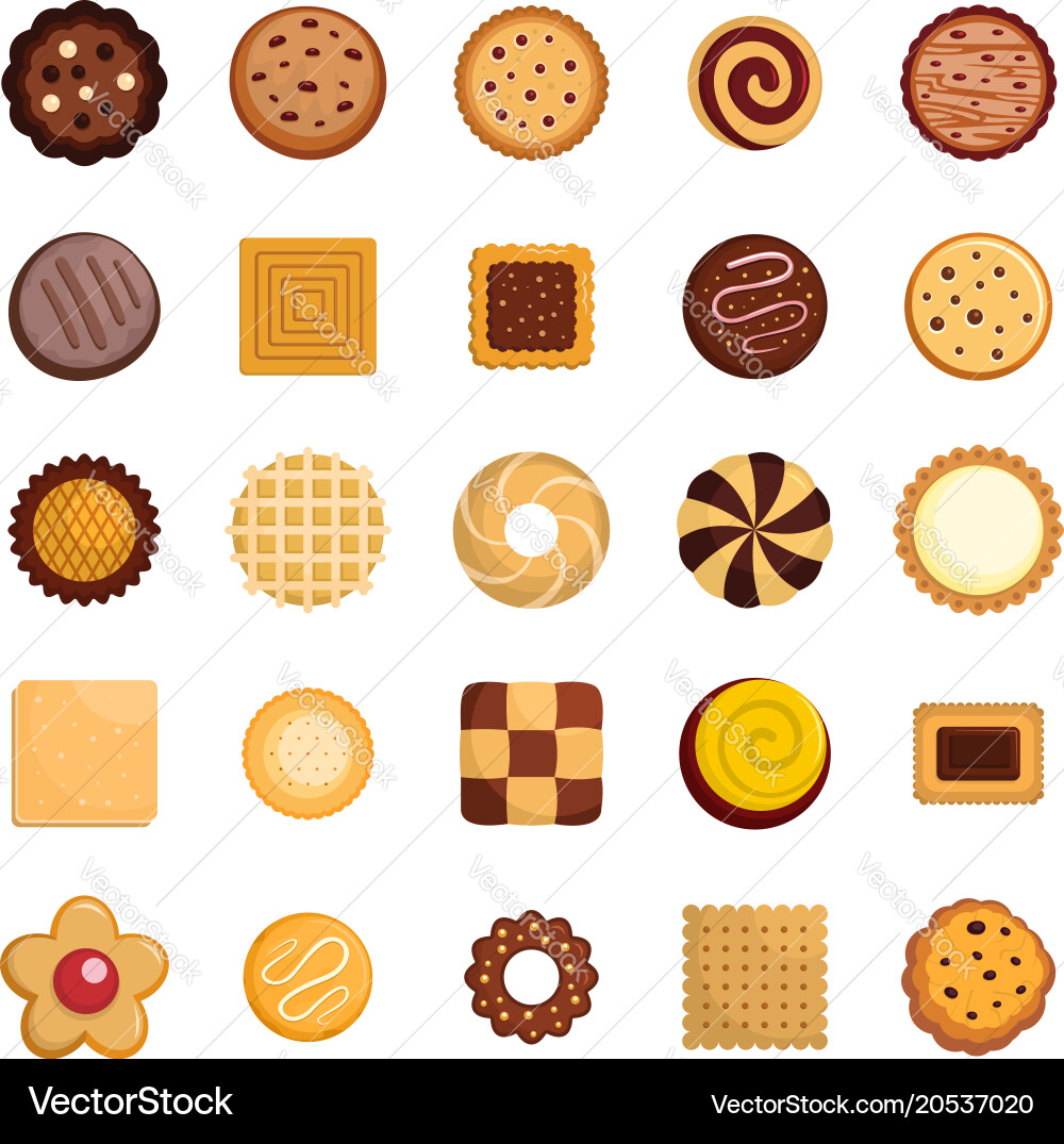 Cookies biscuit icons set flat style Royalty Free Vector