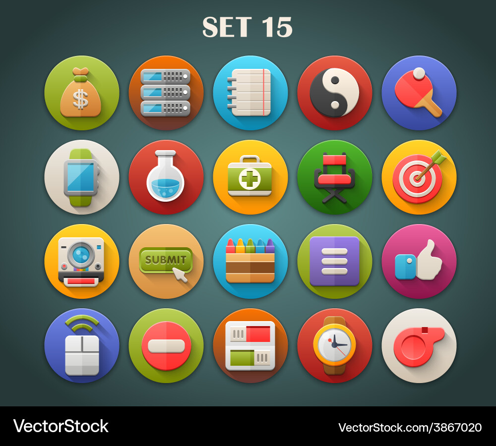Round bright icons with long shadow set 15 Vector Image
