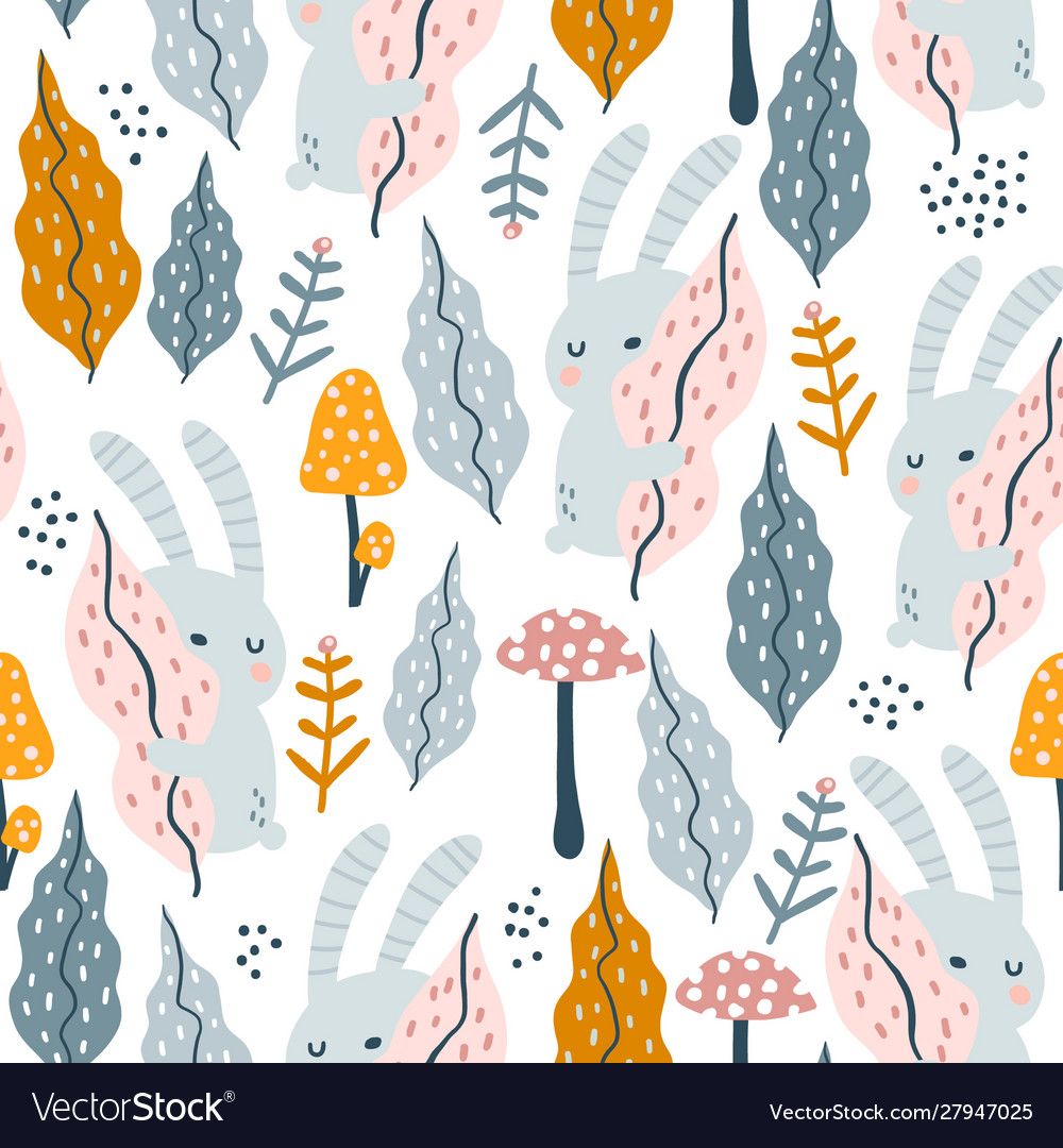 Seamless jungle pattern with bunny mushrooms and Vector Image