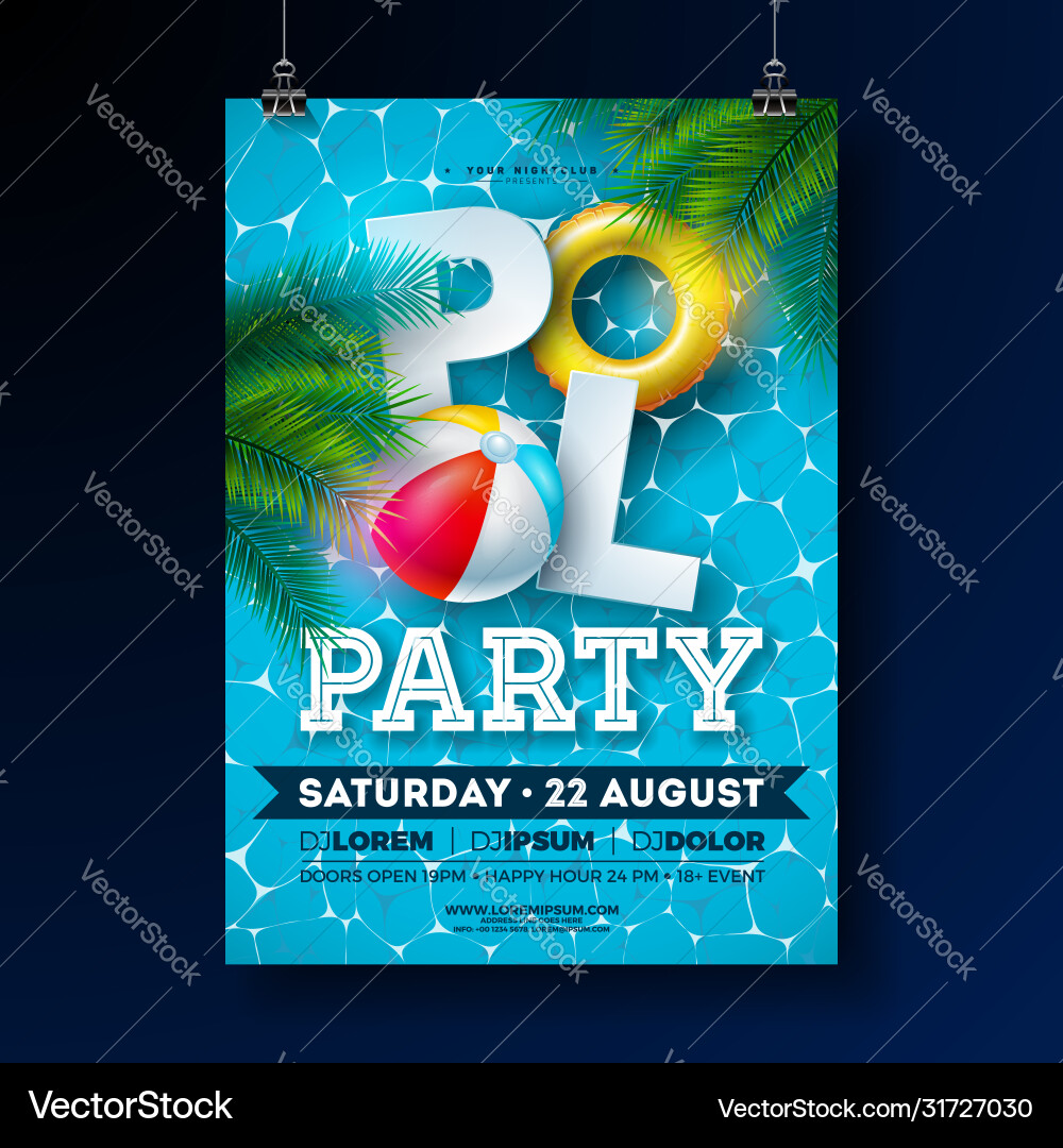 Summer pool party poster design template with palm