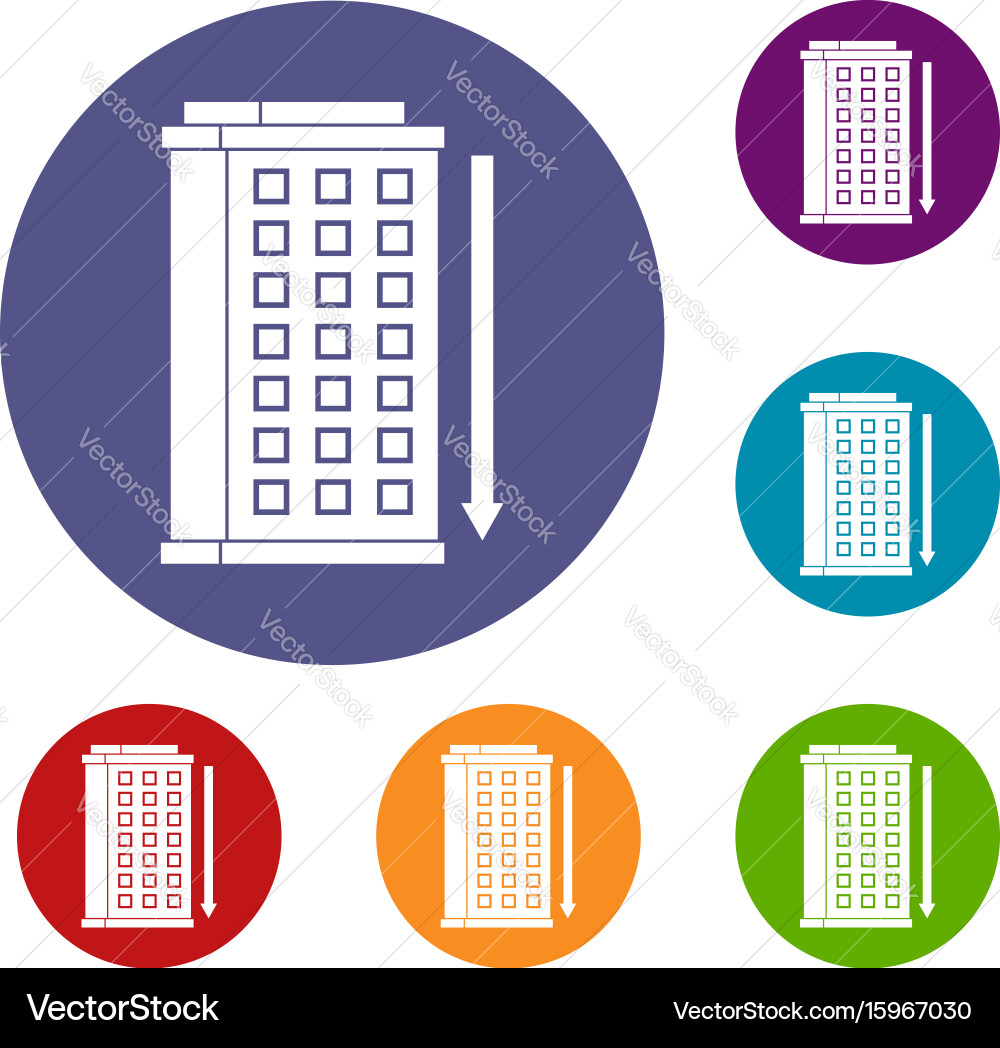 Tall building and down arrow icons set Royalty Free Vector