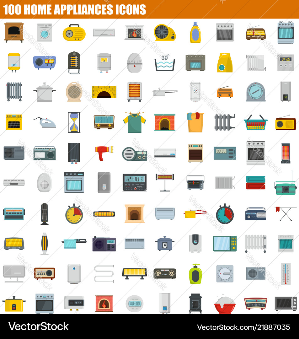 100 home appliances icon set flat style Royalty Free Vector