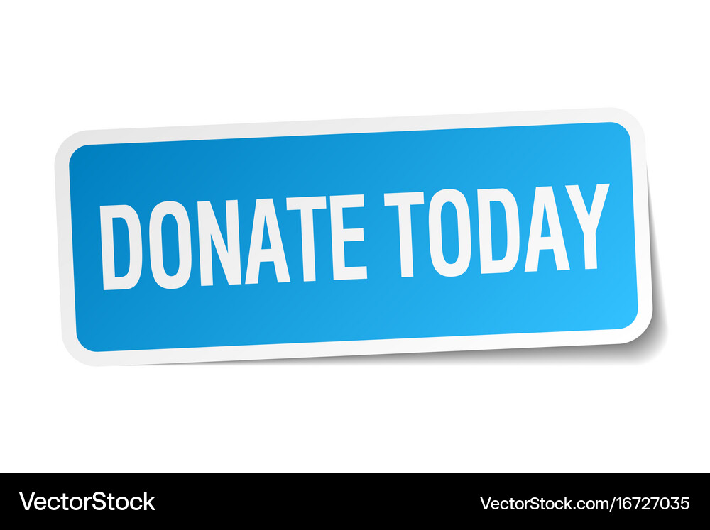 Donate today blue square sticker isolated on white