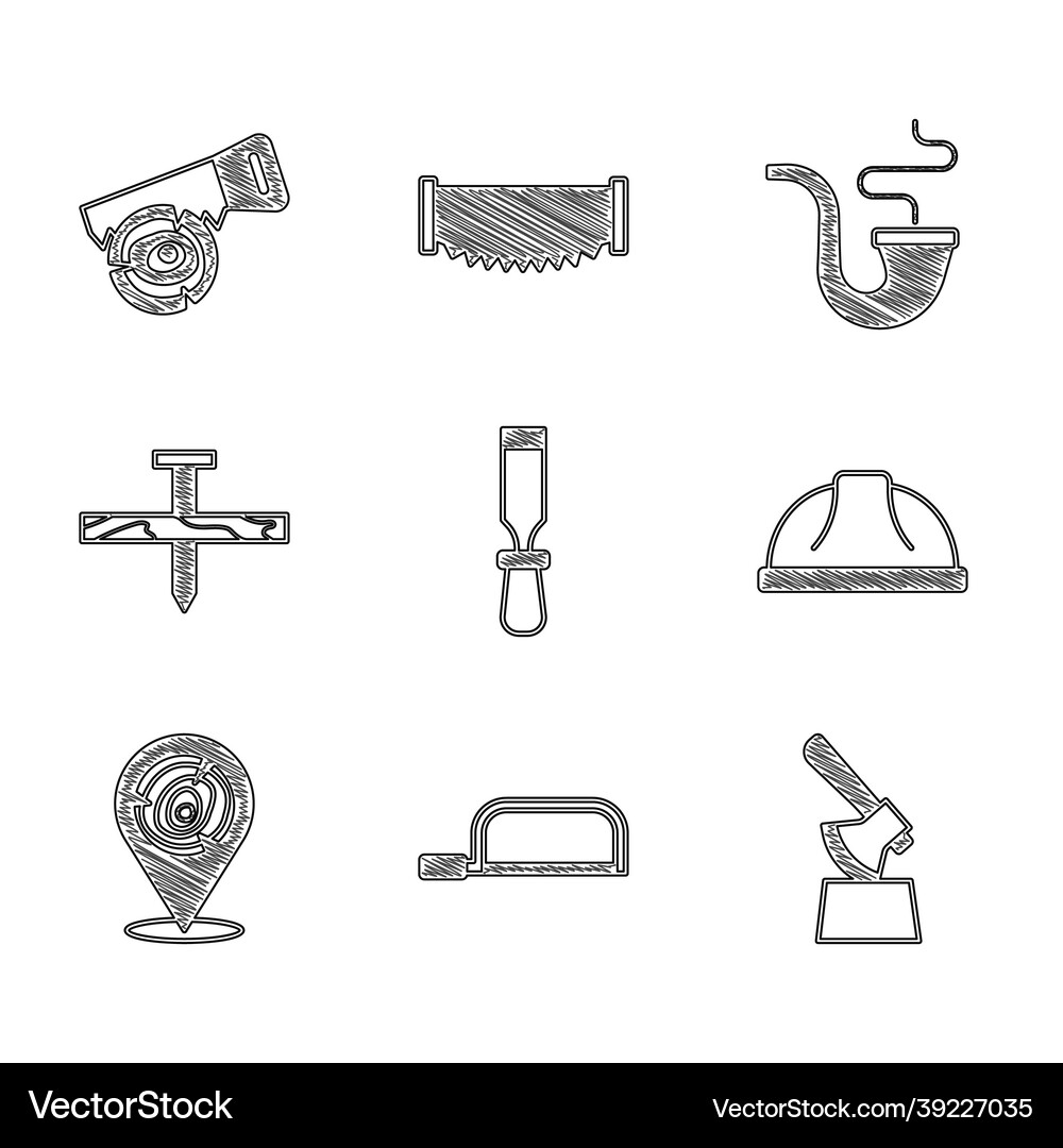 Set chisel tool hacksaw wooden axe in stump Vector Image