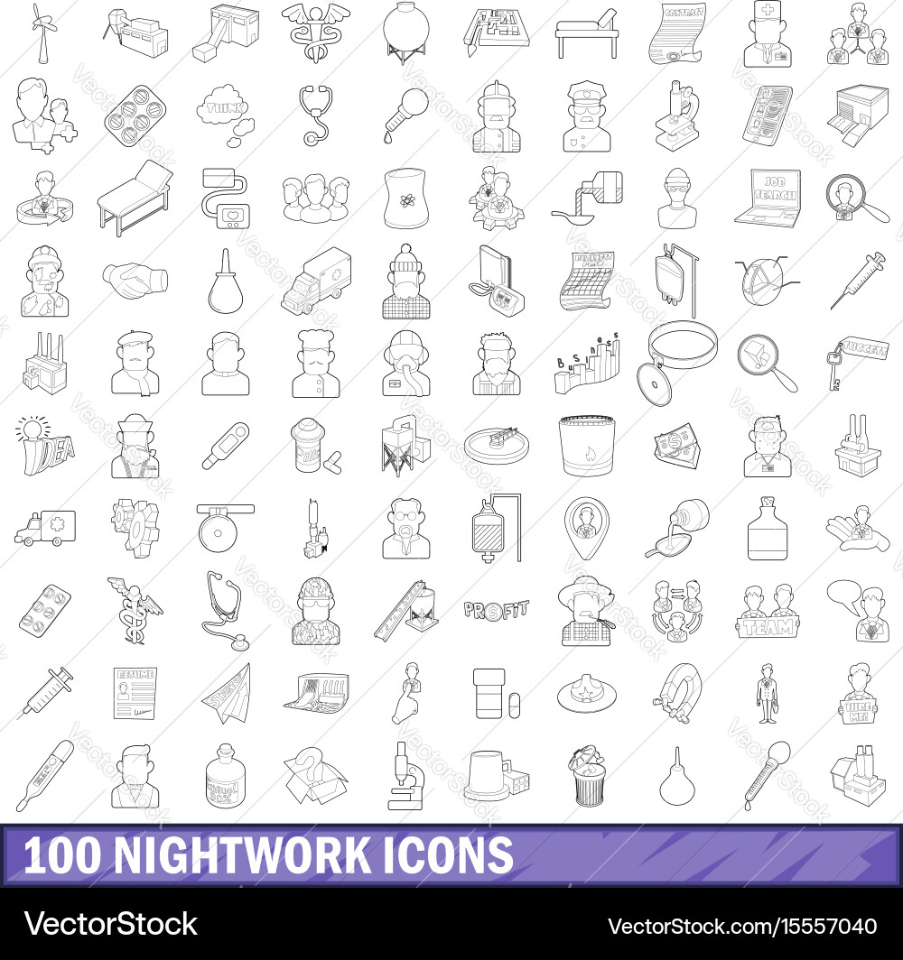 100 nightwork icons set outline style Royalty Free Vector