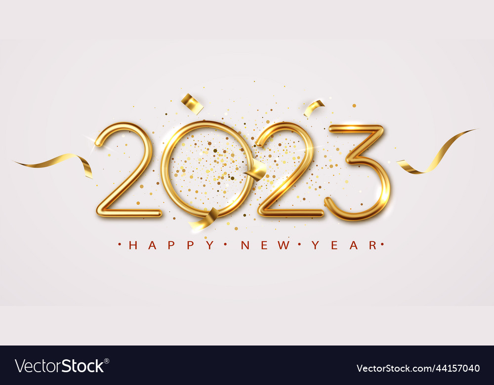 Happy new year 2023 golden numbers with ribbons Vector Image