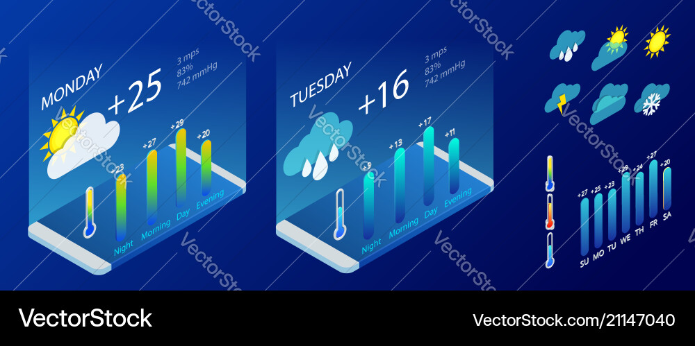 Isometric set of weather application design Vector Image