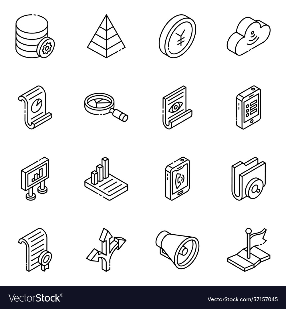 Pack analytical analysis linear isometric icons Vector Image