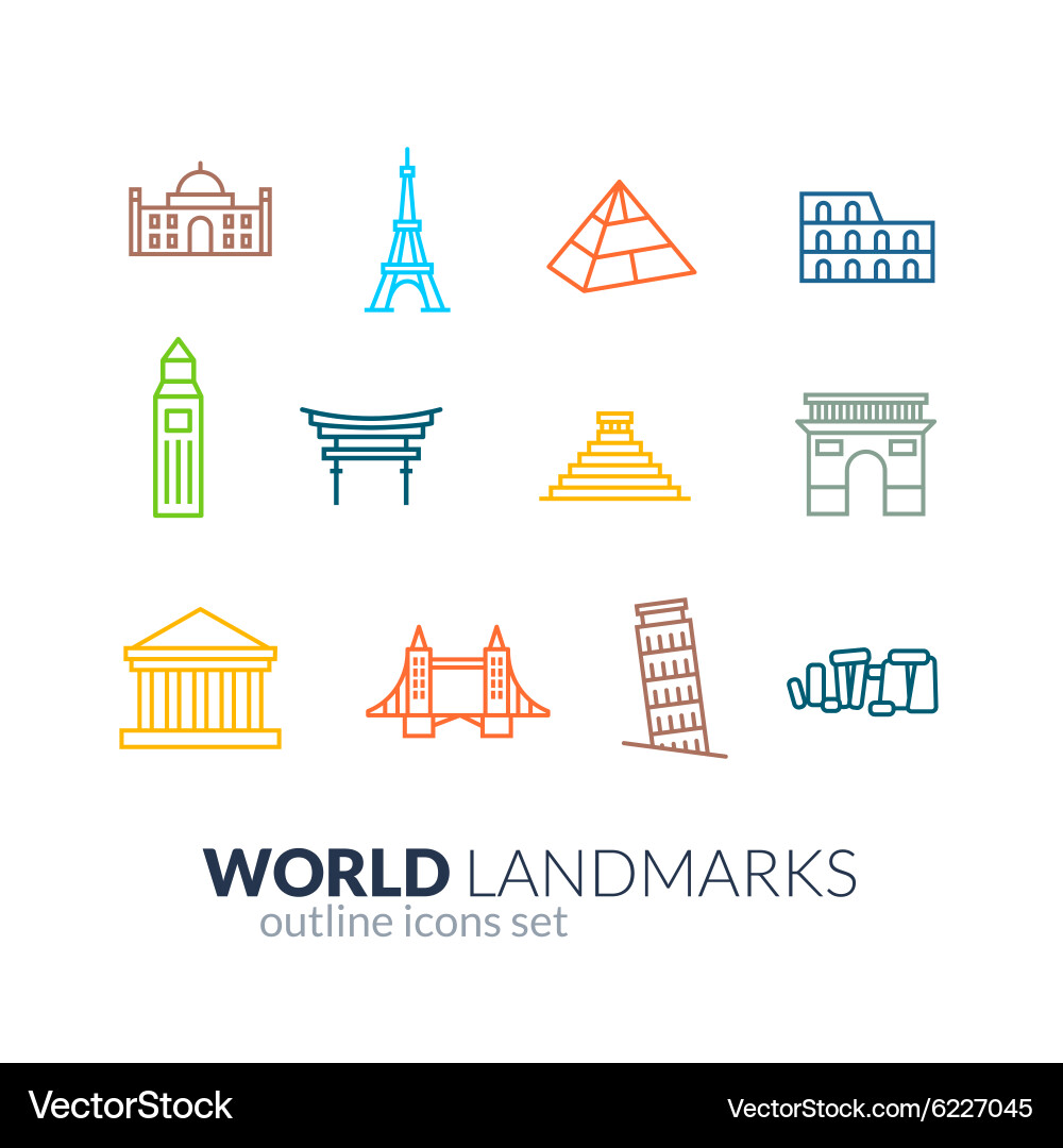 World landmarks outline icons set Royalty Free Vector Image