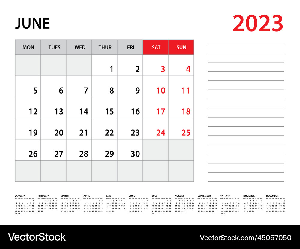 June 2023 year - calendar template week Royalty Free Vector