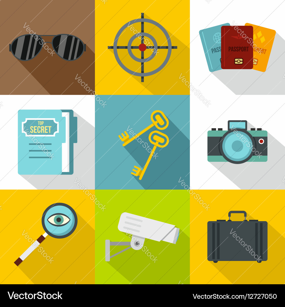 Secret agent icons set flat style Royalty Free Vector Image