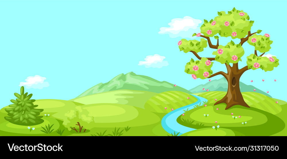 Spring landscape with trees mountains and hills Vector Image