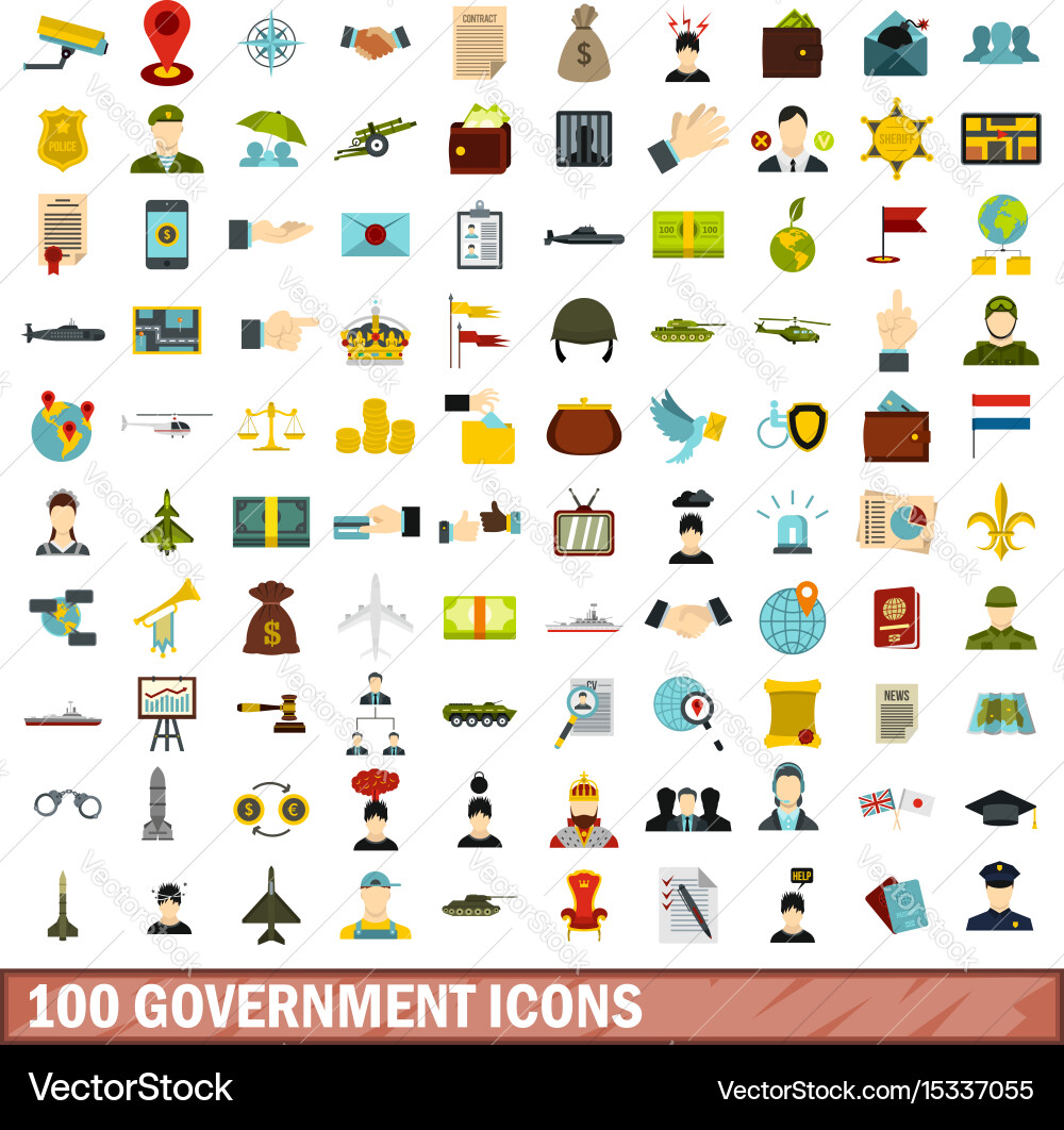 100 government icons set flat style Royalty Free Vector