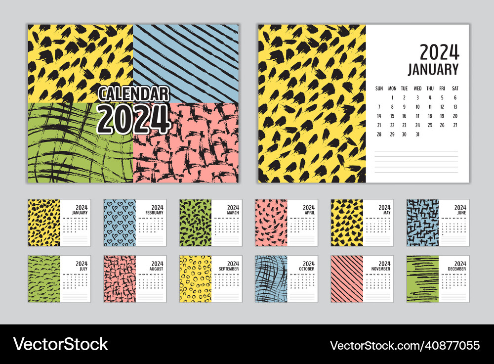 Calendar 2024 template memphis style Royalty Free Vector