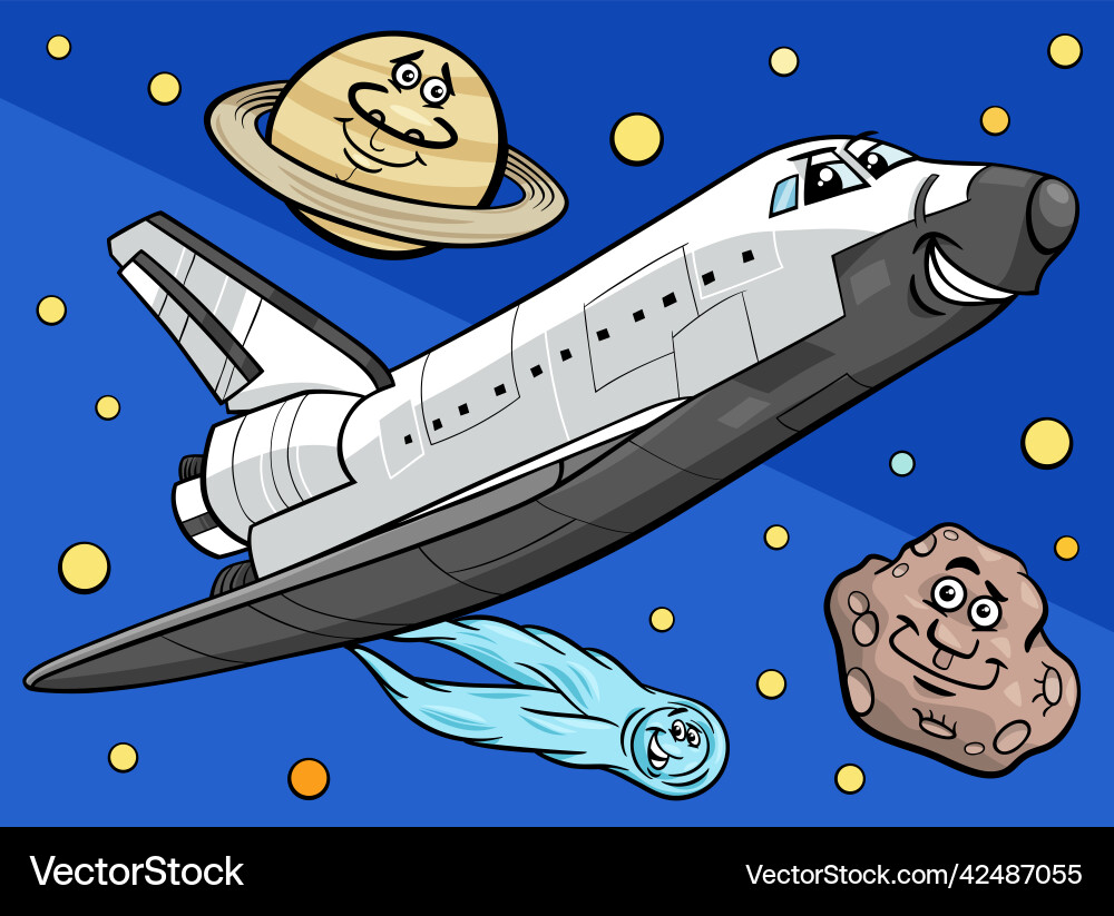 Cartoon space shuttle character in cosmic Vector Image
