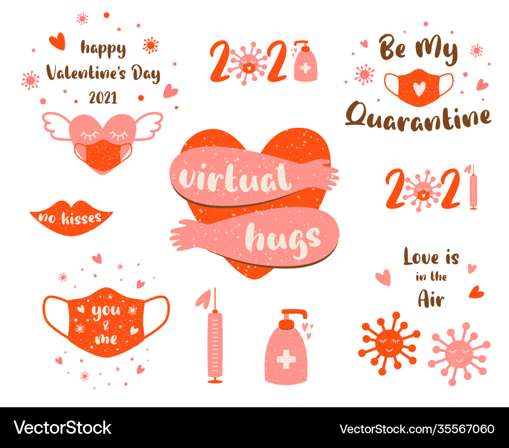Covid19 valentines day 2021 set pink elements Vector Image