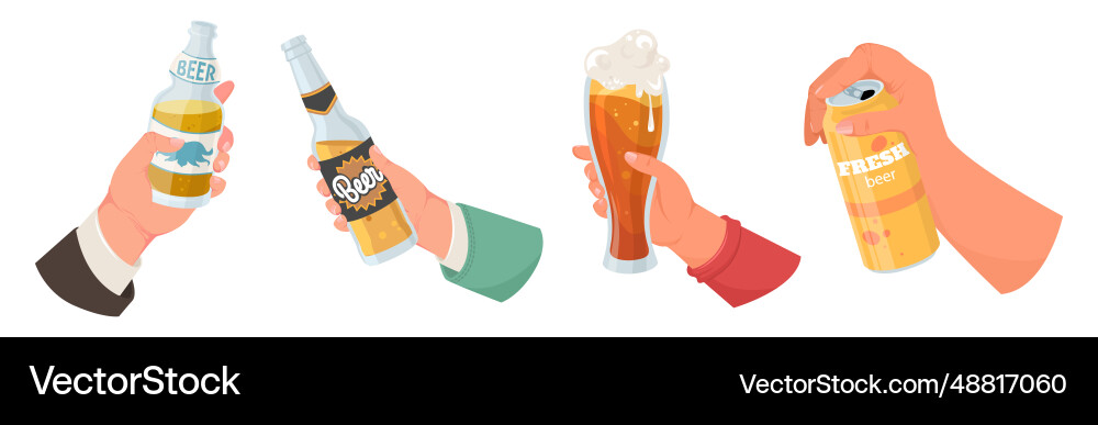 Human hands holding beer alcohol drink set Vector Image