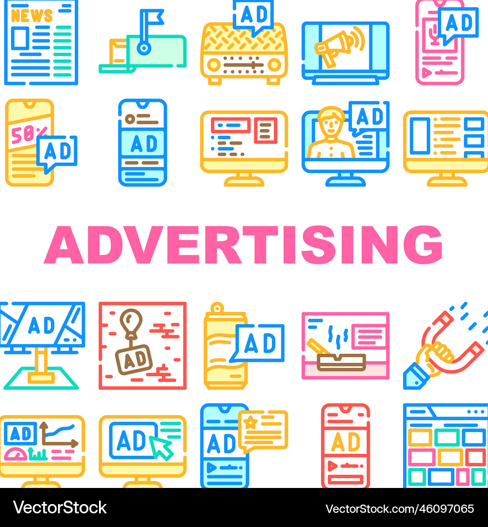 Advertising media internet icons set Royalty Free Vector